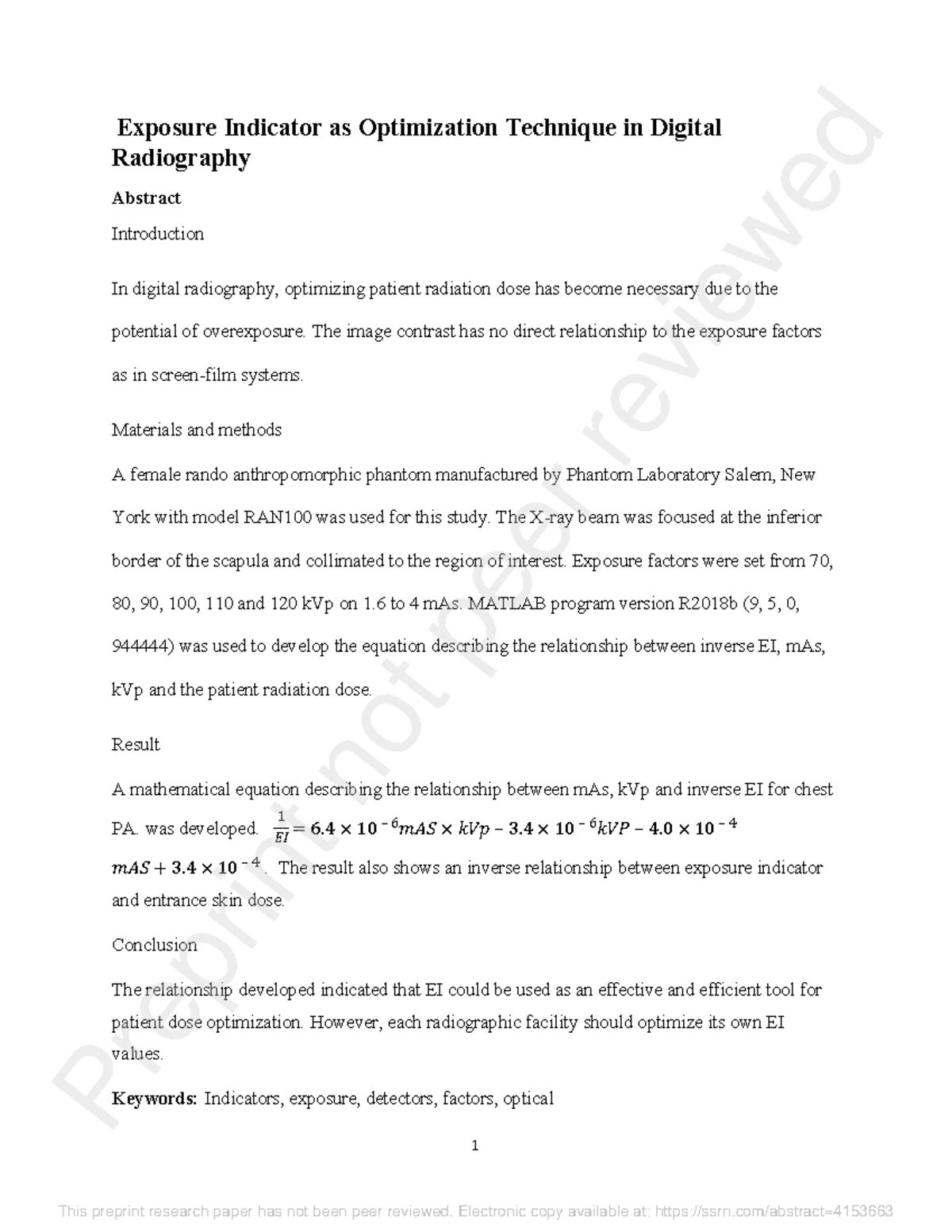 Optimization of Exposure Indicator in Digital Radiography (SSRN-4153663 ...