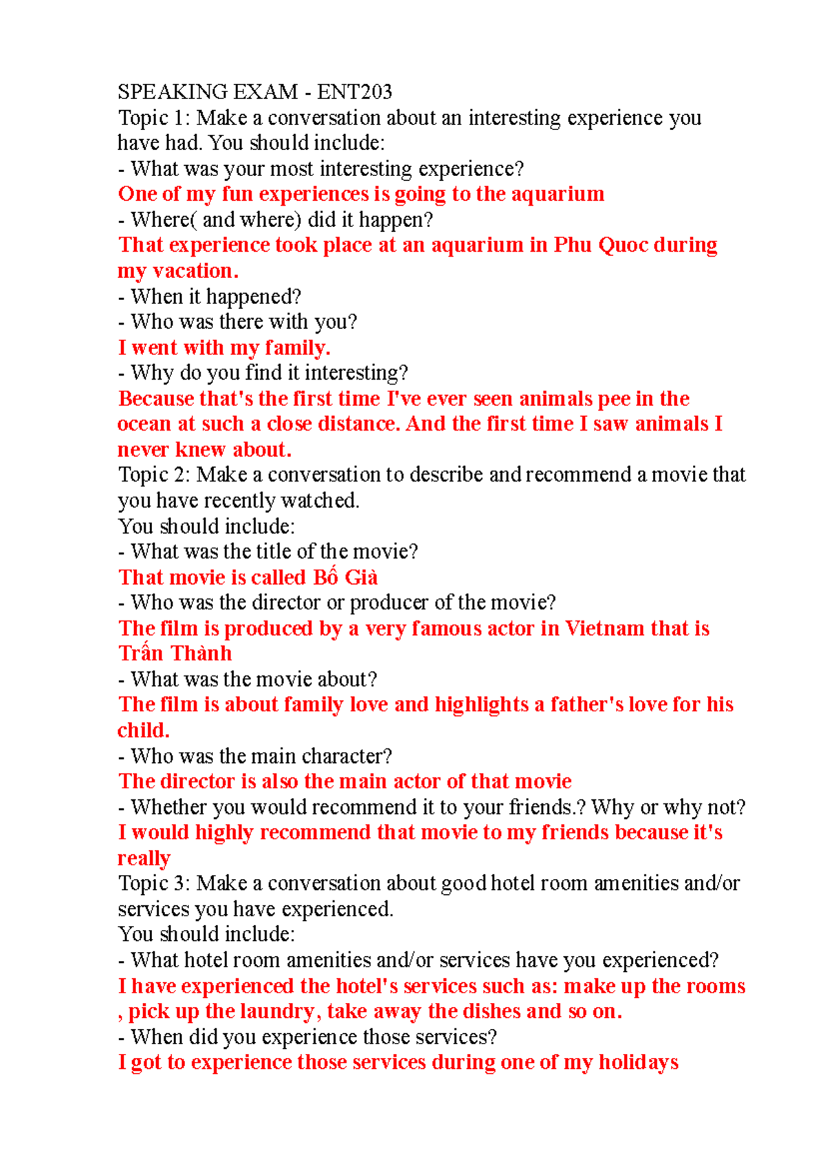 Speaking EXAM - good - SPEAKING EXAM - ENT Topic 1: Make a conversation ...