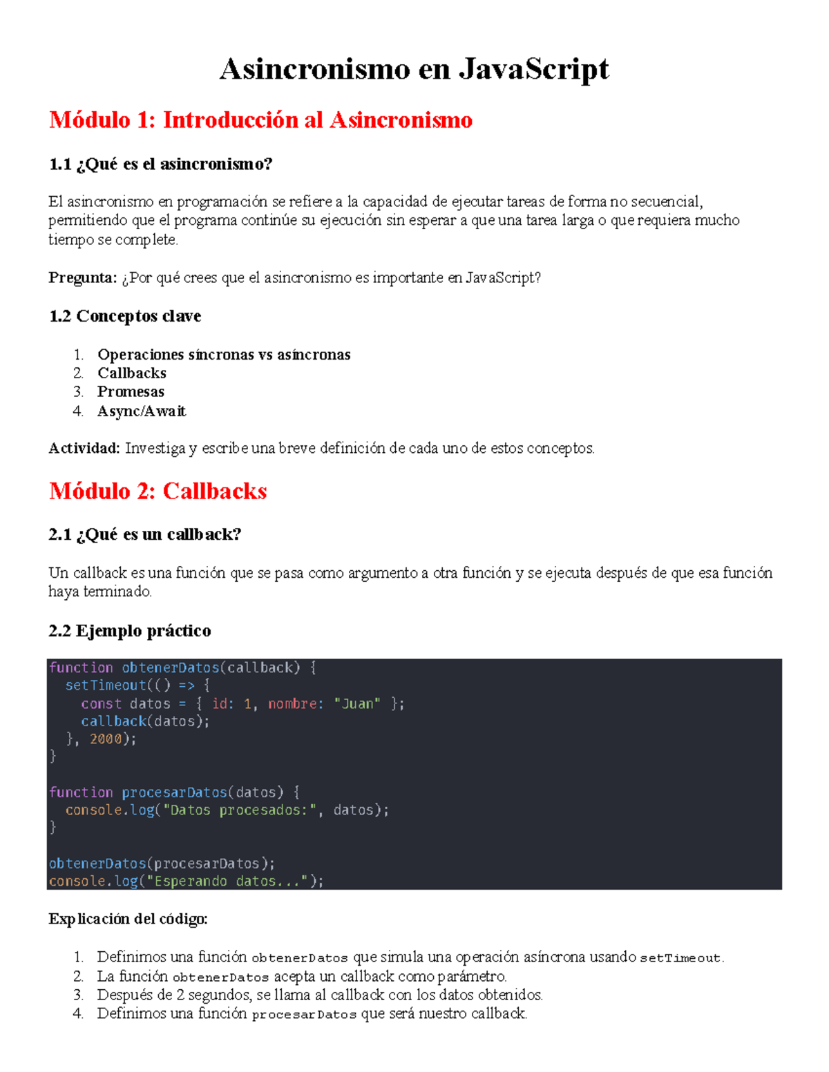 Lección 12: Asincronismo en JavaScript - Conceptos y Ejemplos - Studocu