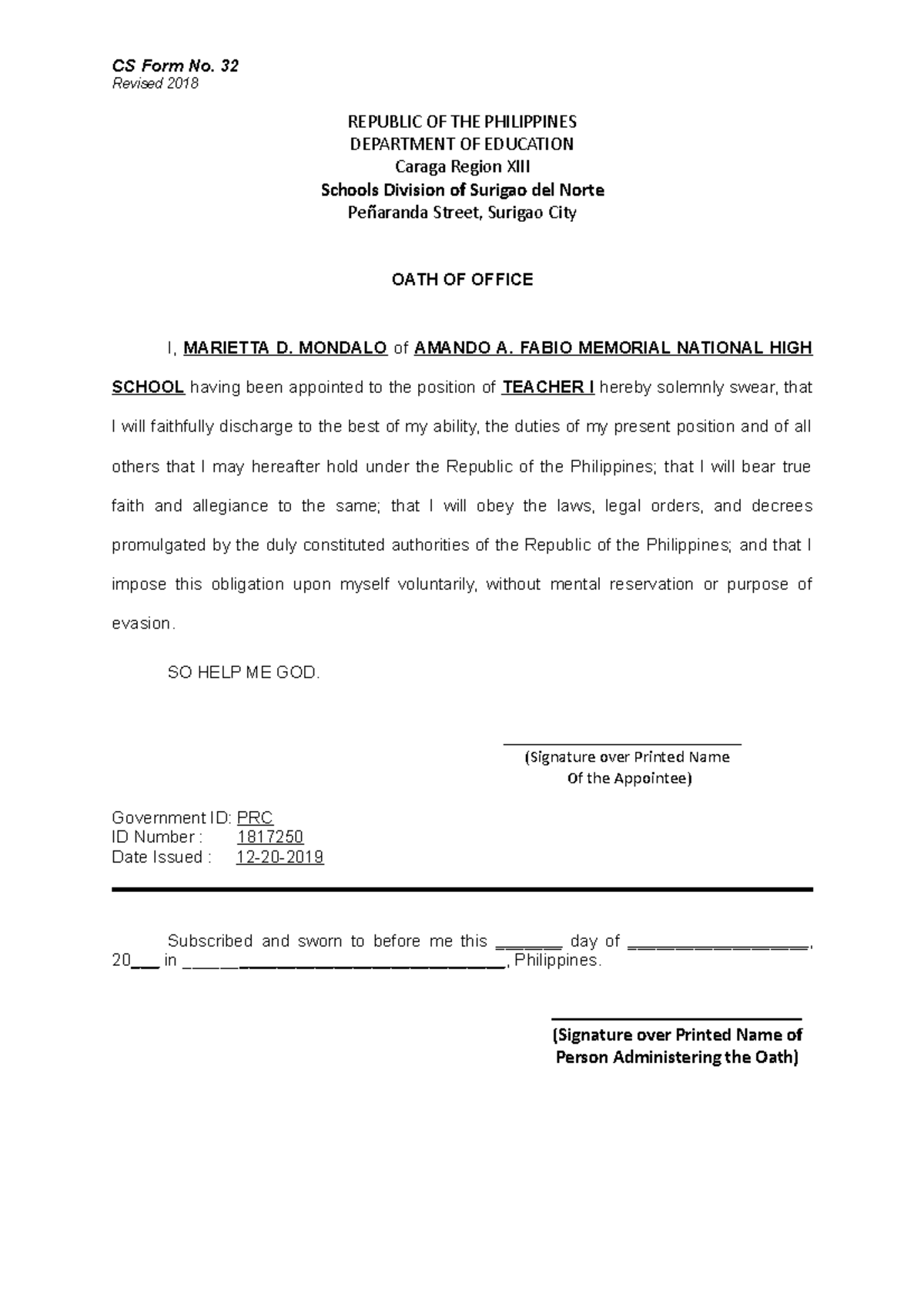 CS Form No 32 Revised 2018 Oath of Office - CS Form No. 32 Revised 2018 ...