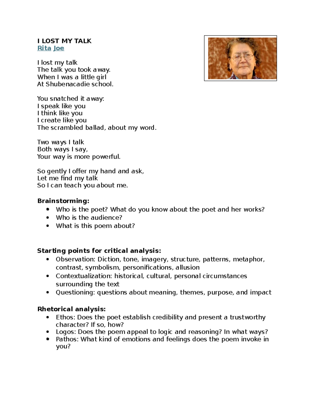 Analysis of "I Lost My Talk" by Rita Joe - Poetic Elements and Themes ...