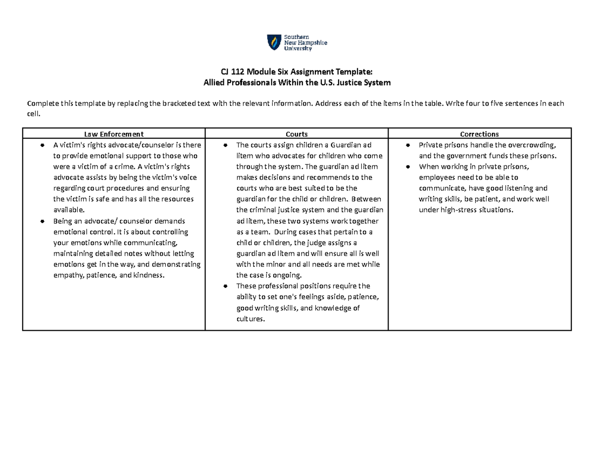 CJ 112 Module 6 Assignment: Allied Professionals in U.S. Justice System ...