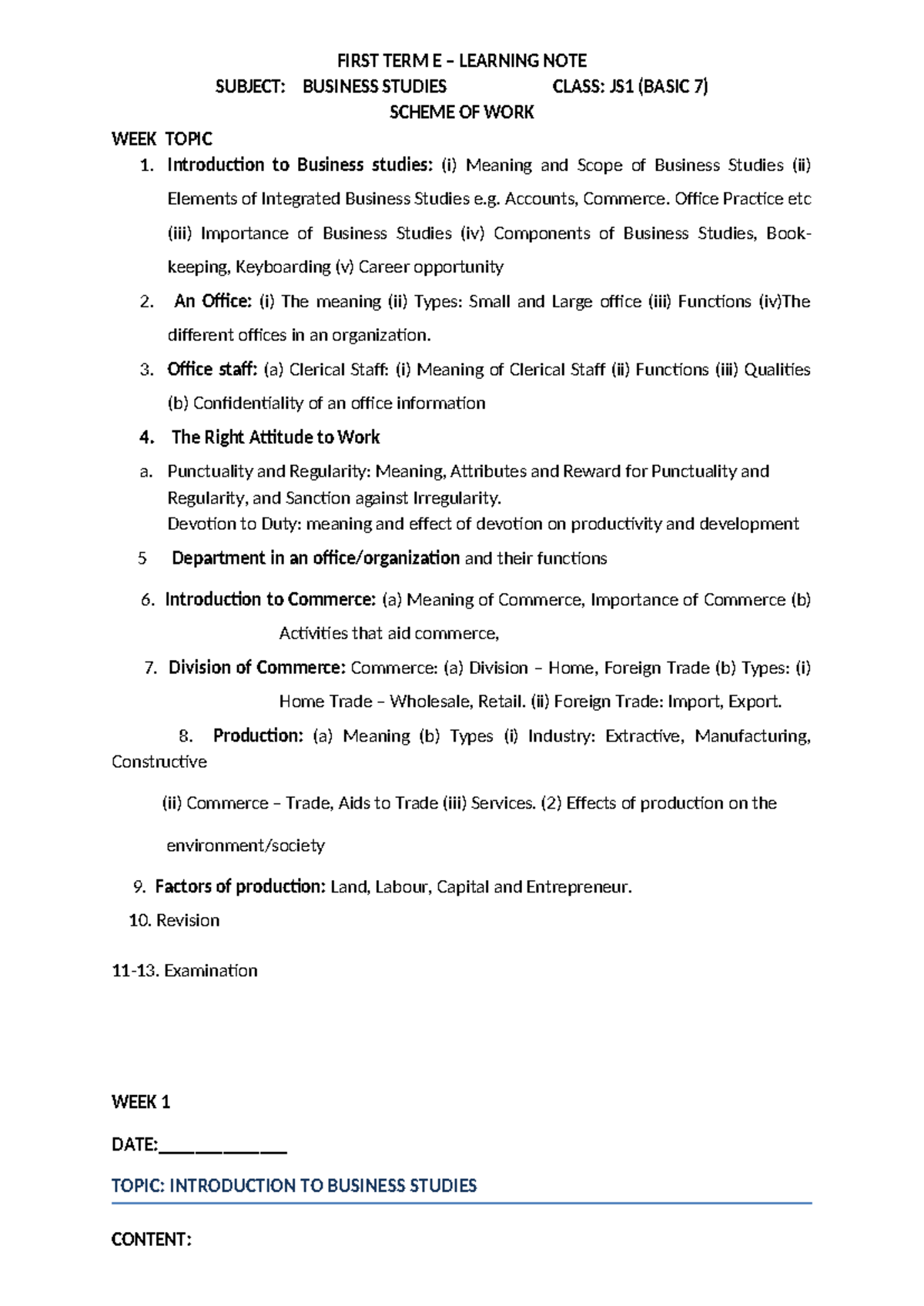 JS1 Business Studies 1st Term E-Notes: Introduction to Office Practice ...