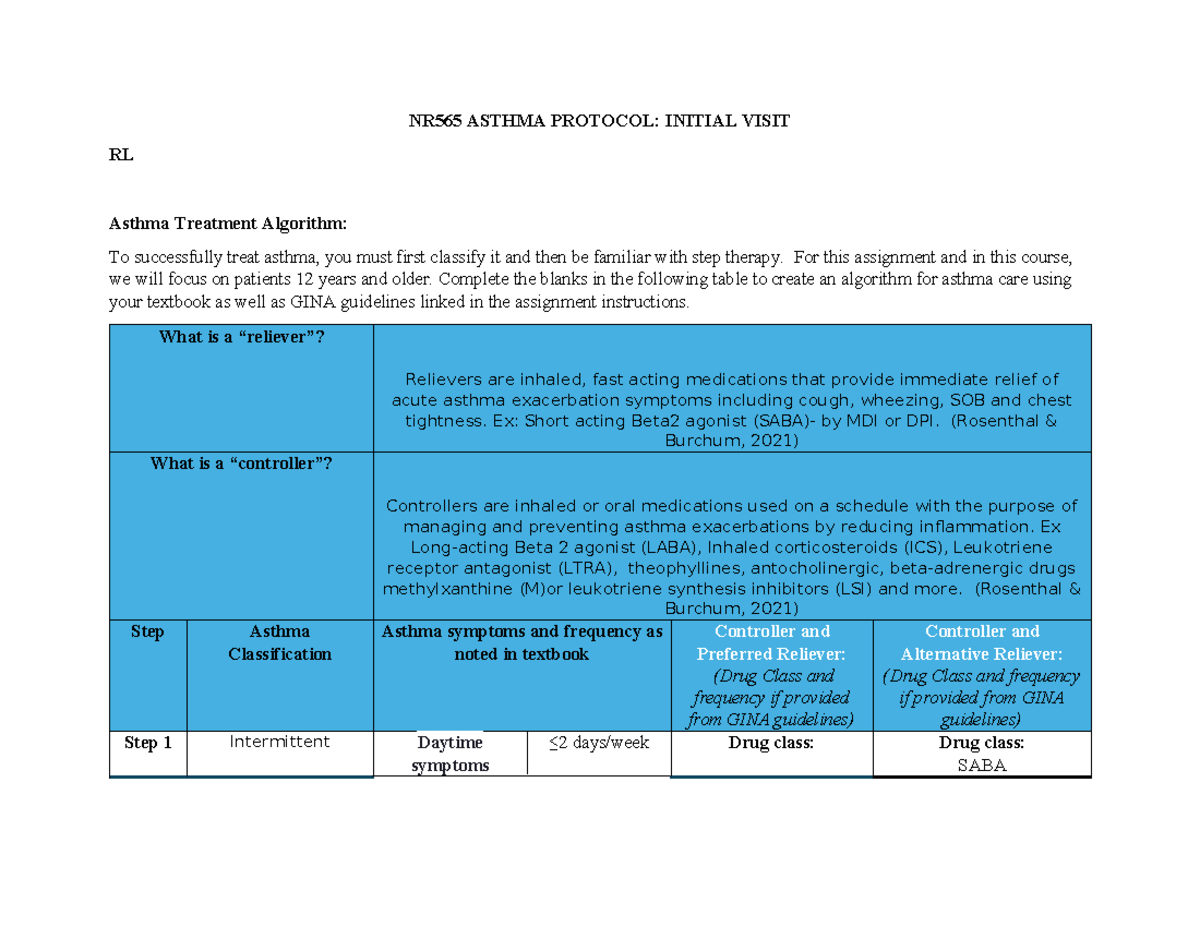 NR565 Asthma Protocol: Initial Visit & Treatment Algorithm - Studocu