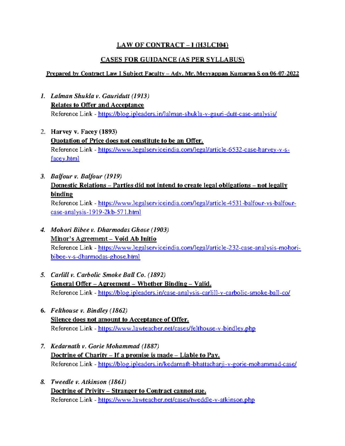 LAW OF CONTRACT I (H3LC104) CASES FOR GUIDANCE - LLB (Hons.) - Studocu