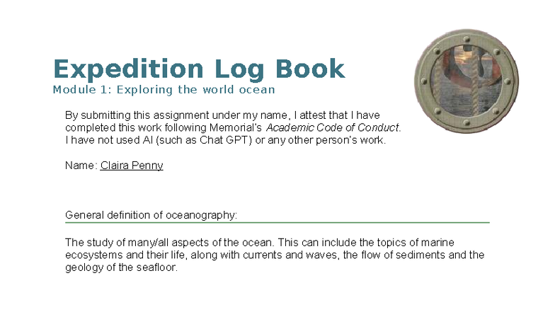 Expedition Log Book 1: Exploring the World Ocean - Module 1 - Studocu