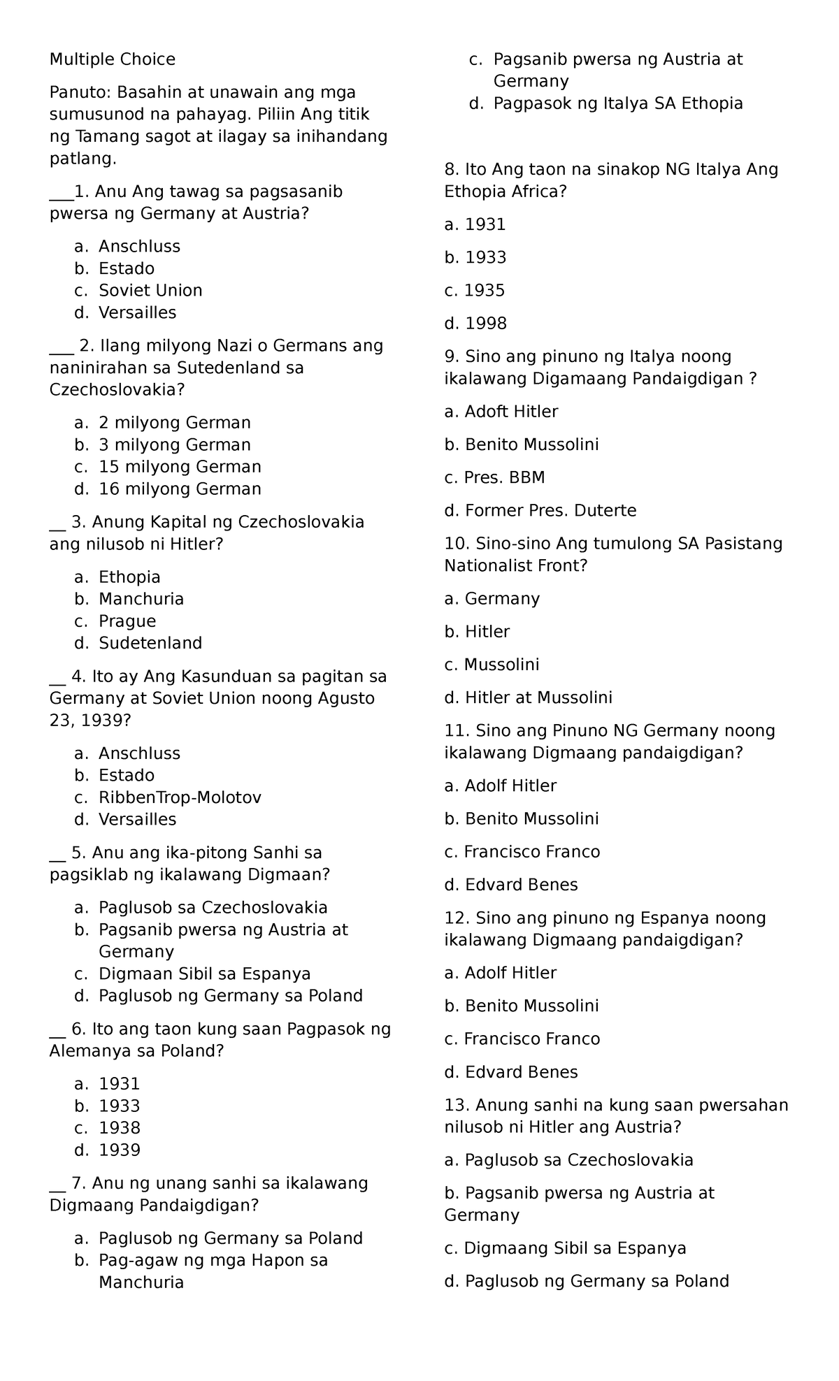 Summative-test-Sanhi - Multiple Choice Panuto: Basahin at unawain ang ...