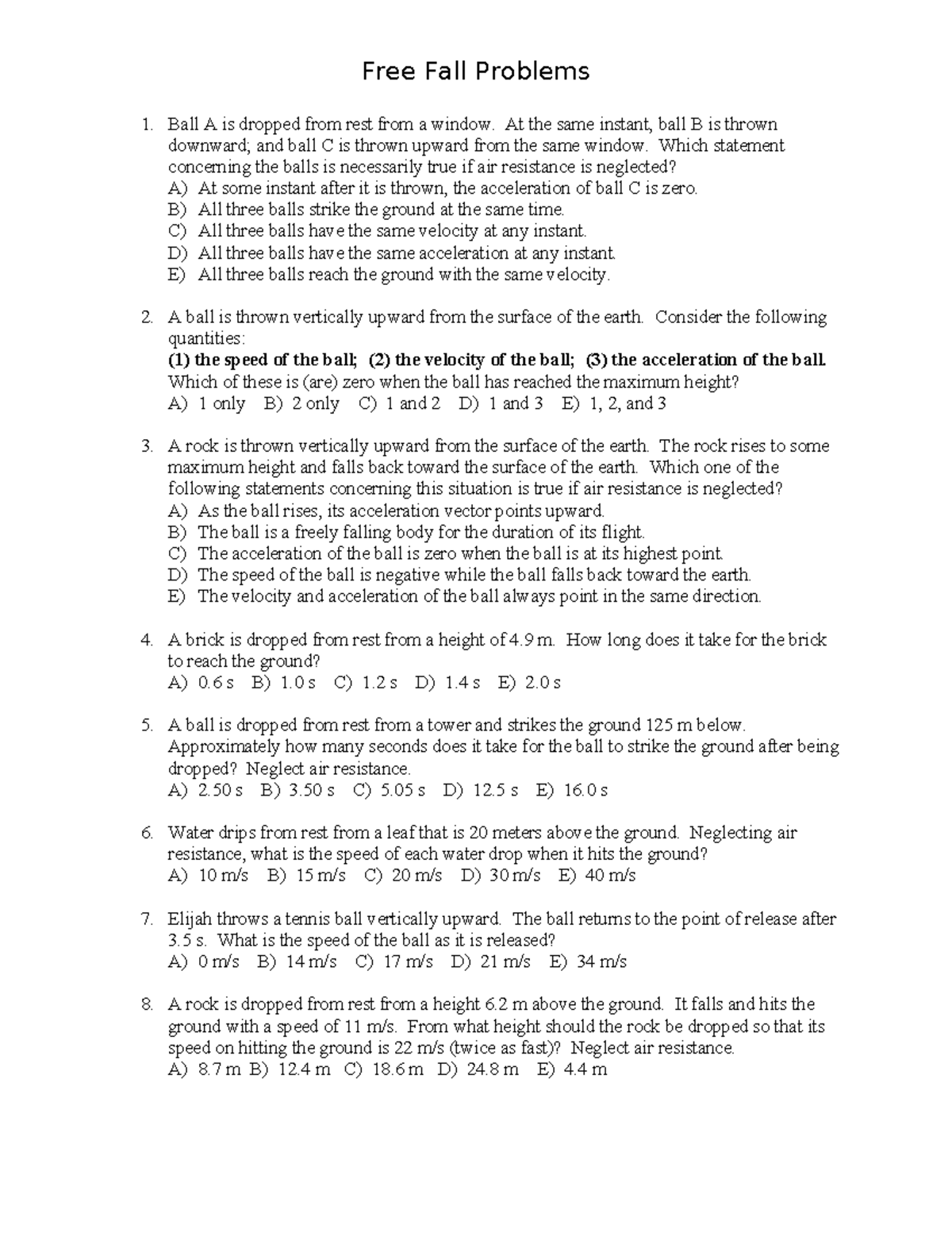 Free Fall Problems (Physics 101) - Comprehensive Question Set - Studocu