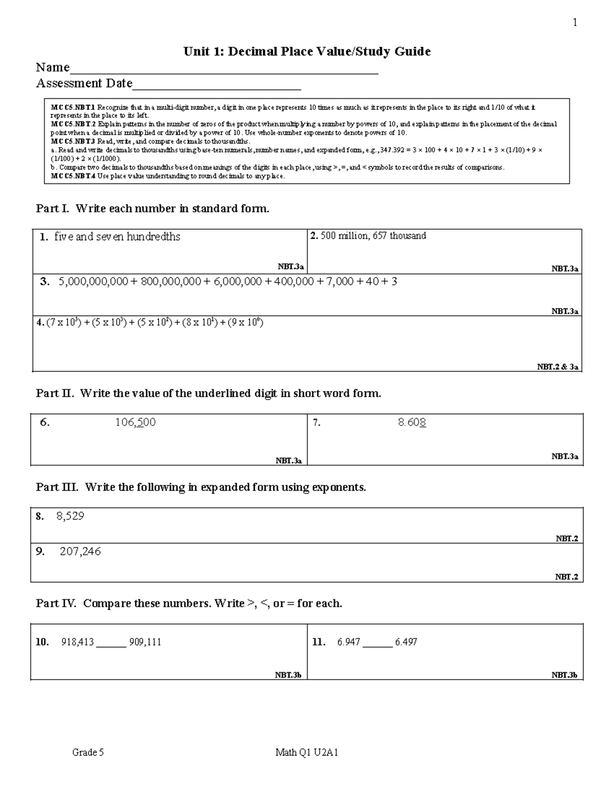 Unit 1 Study Guide: Decimal Place Value for 5th Grade Math - Studocu