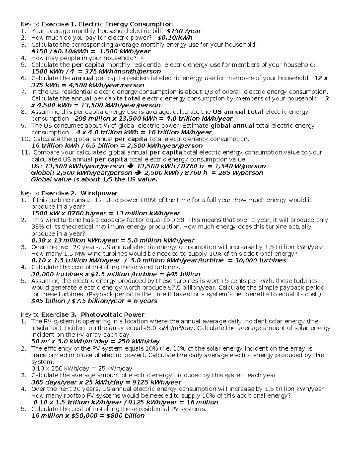 Electric Power Worksheet Key: Energy Consumption & Production ...