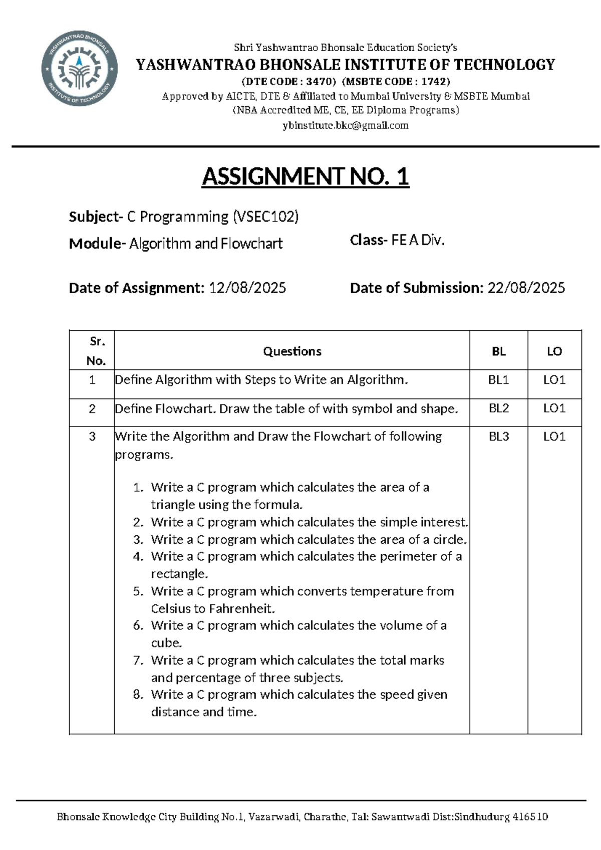 C Programming Assignments (VSEC102) for FE A Div. - Studocu