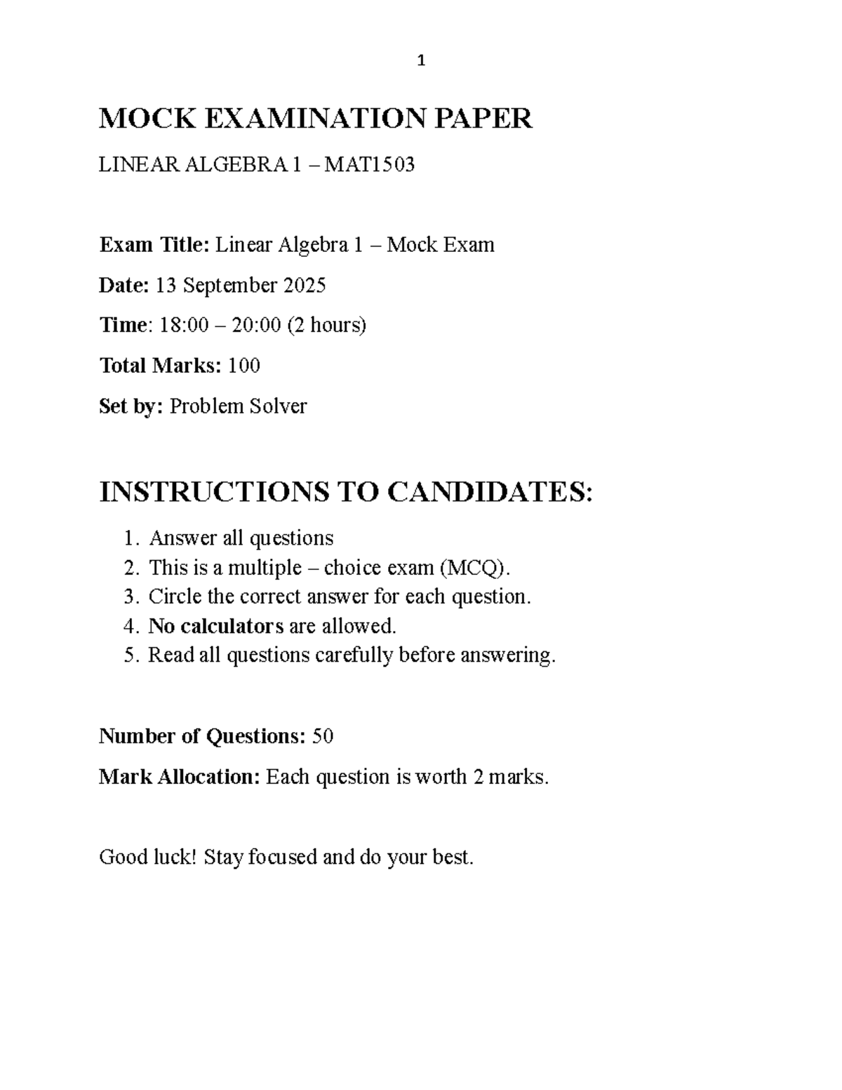 Unisa MAT1503 Linear Algebra 1 Mock Exam - September 2025 - Studocu