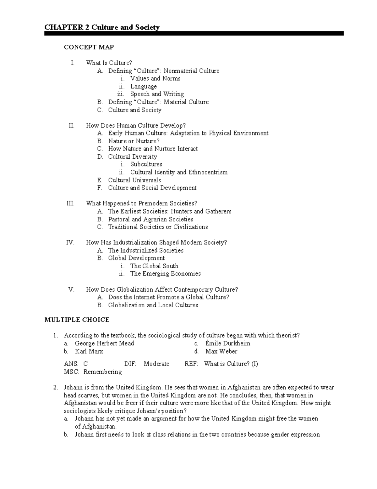 CHAPTER 2 Culture and Society: Key Concepts and Multiple Choice ...