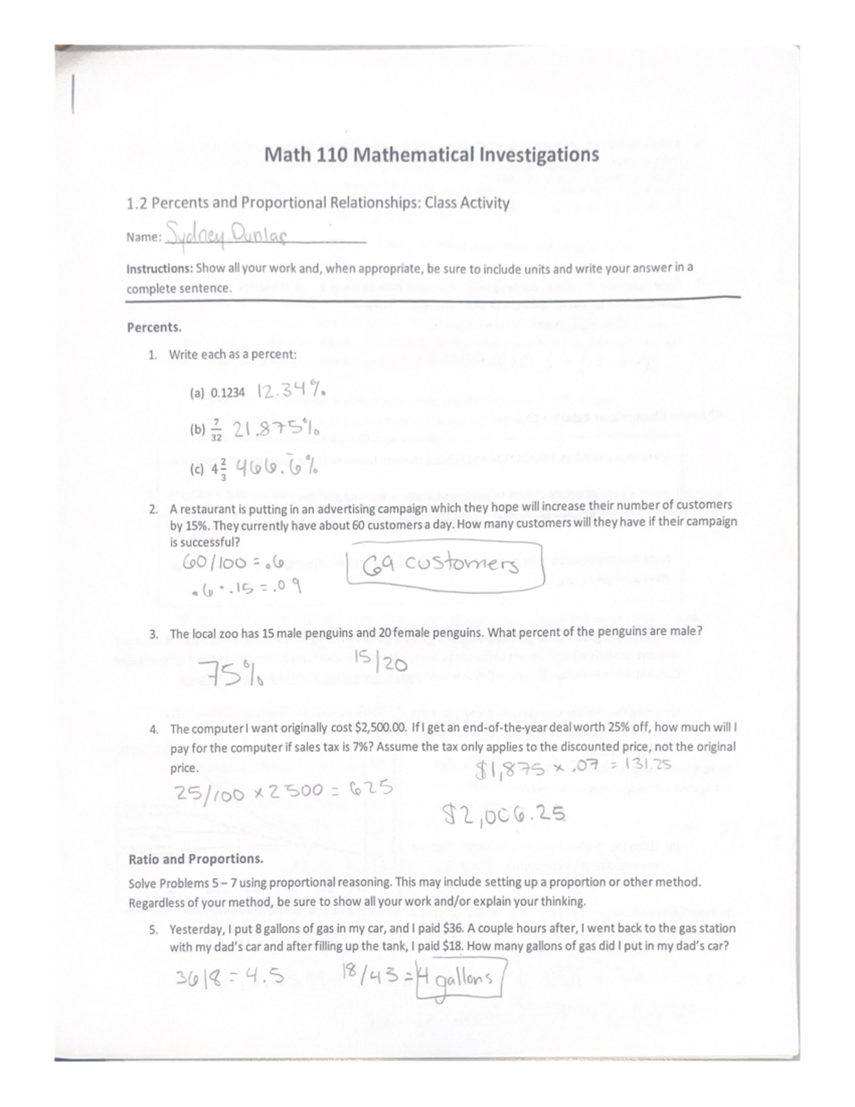 Dunlap A1 - Percent & Proportion Calculation Guide - Studocu