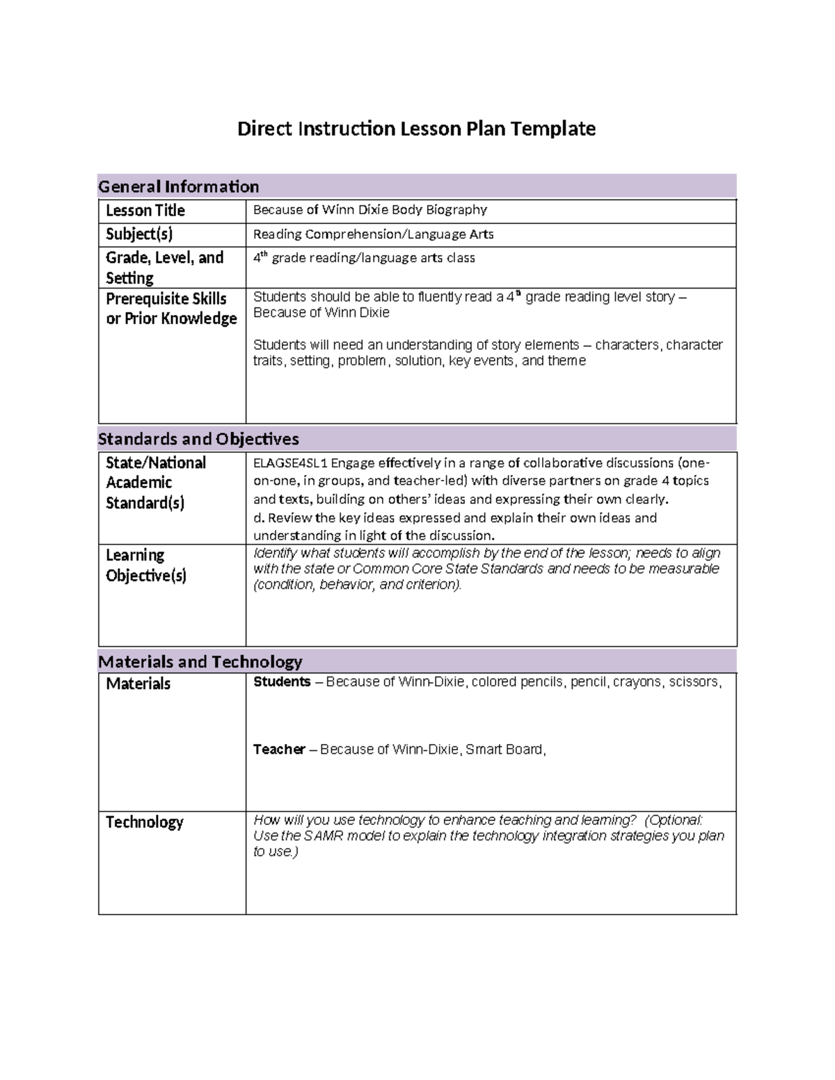 Because of Winn-Dixie Lesson Plan C910 for 4th Grade Reading - Studocu