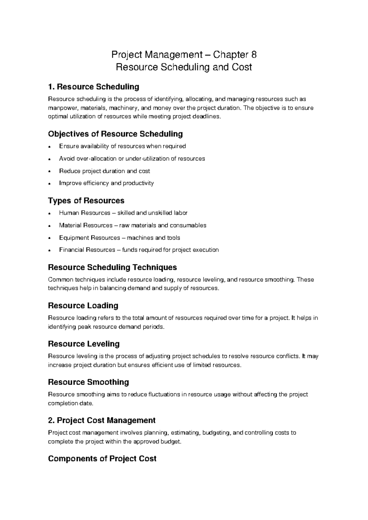 PM Chapter 8: Resource Scheduling & Cost Management Notes - Studocu