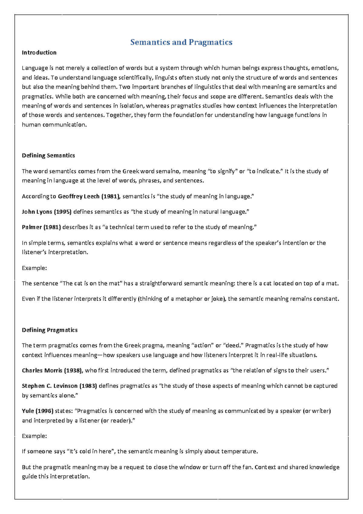 Semantics and Pragmatics: An Introductory Overview (ENG 101) - Studocu