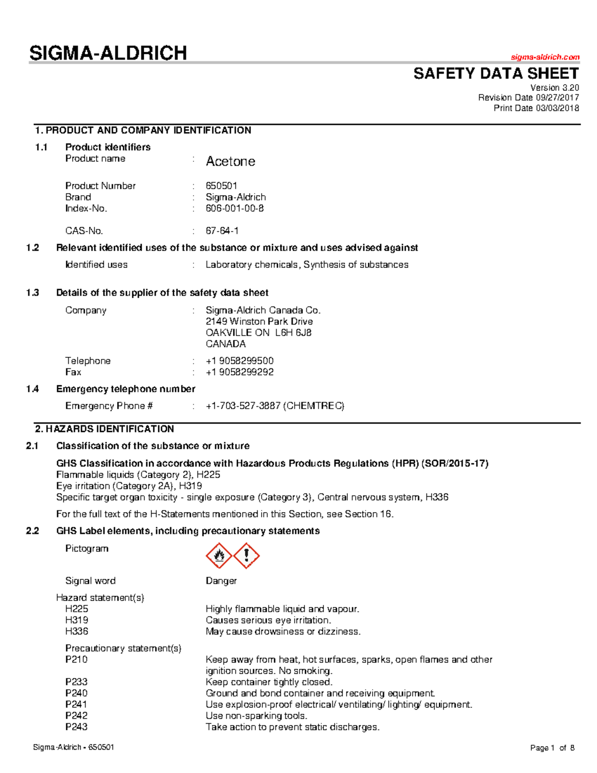 Acetone SDS - N/a - SIGMA-ALDRICH sigma-aldrich SAFETY DATA SHEET ...