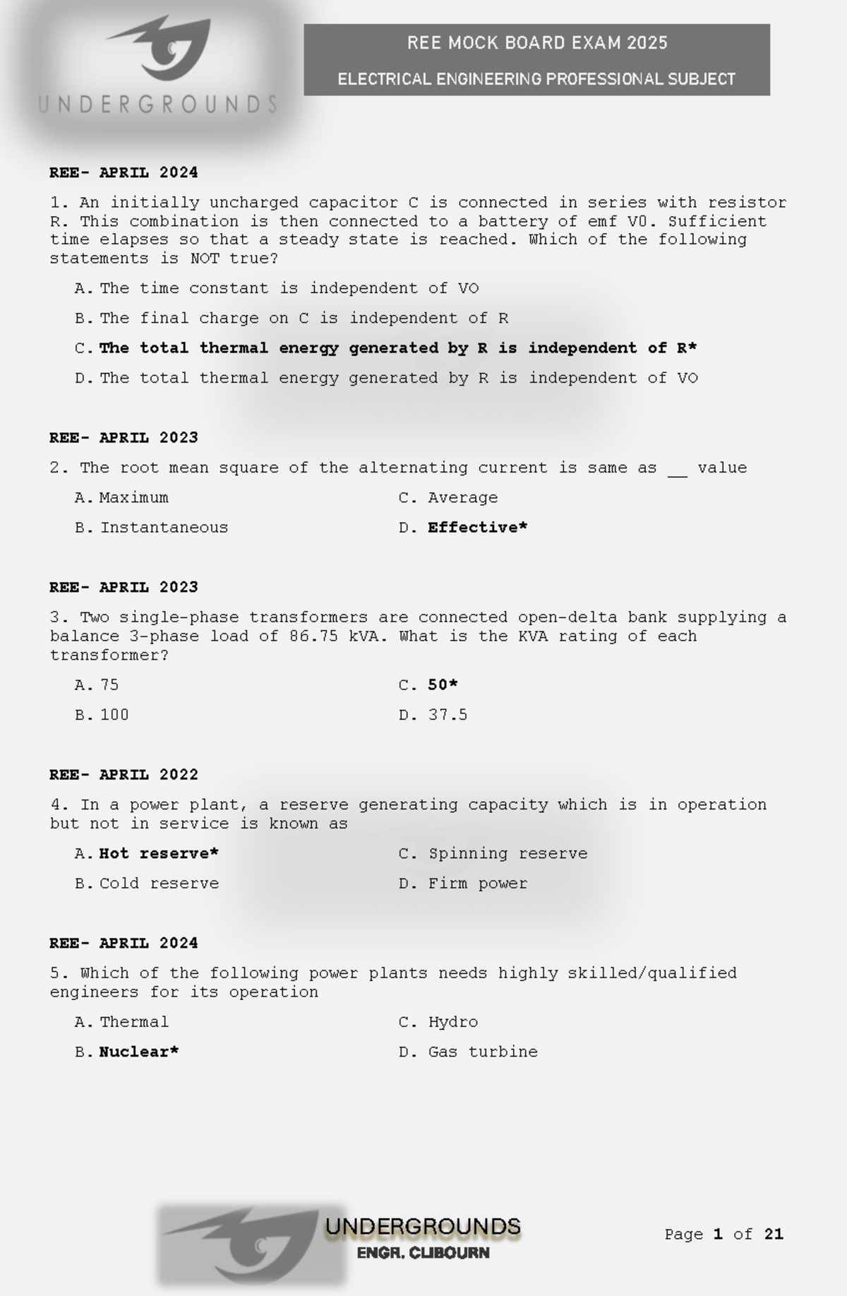 REE MOCK BOARD EXAM 2025 ELECTRICAL ENGINEERING PROFESSIONAL SUBJECT ...
