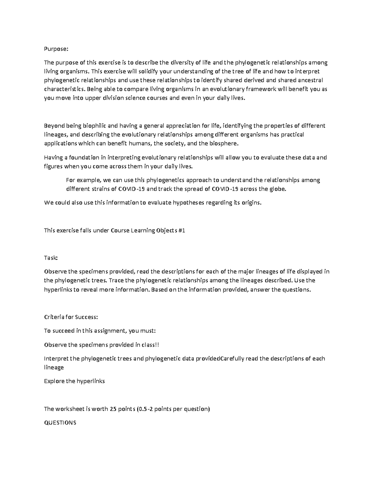 Biodiversity Worksheet 1: Understanding Phylogenetic Relationships ...