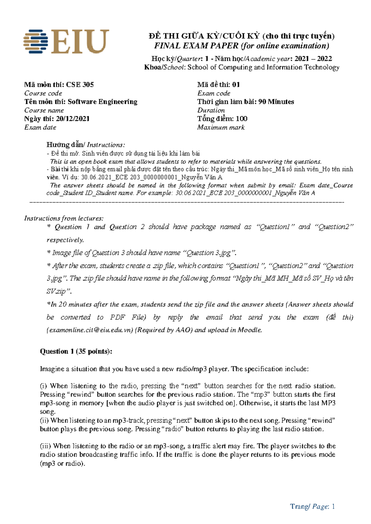 CSE 305 - Software Engineering - Final Exam - December 2021 - Studocu