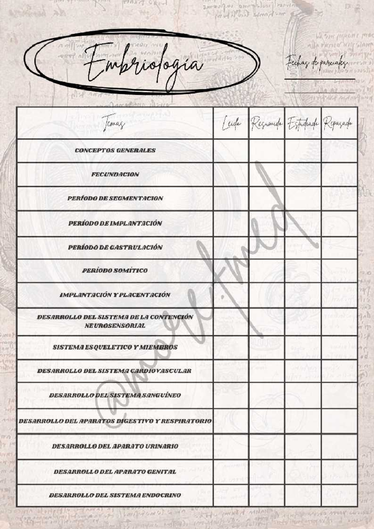 Check list (Hy E) - Embriologia Fechas de parciales Jemas (cide ...