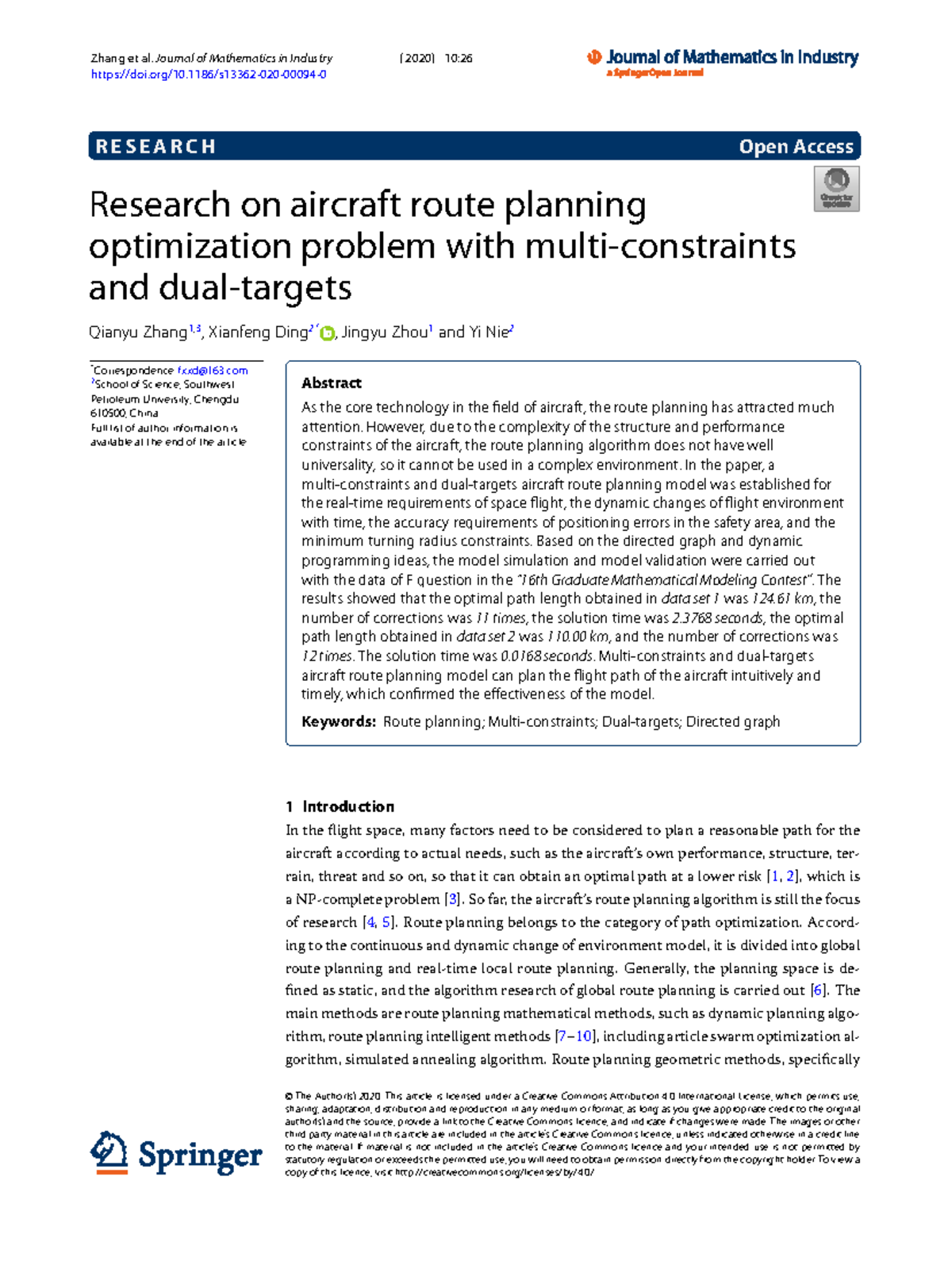 "Aircraft Route Planning Optimization Model with Multi-Constraints for ...