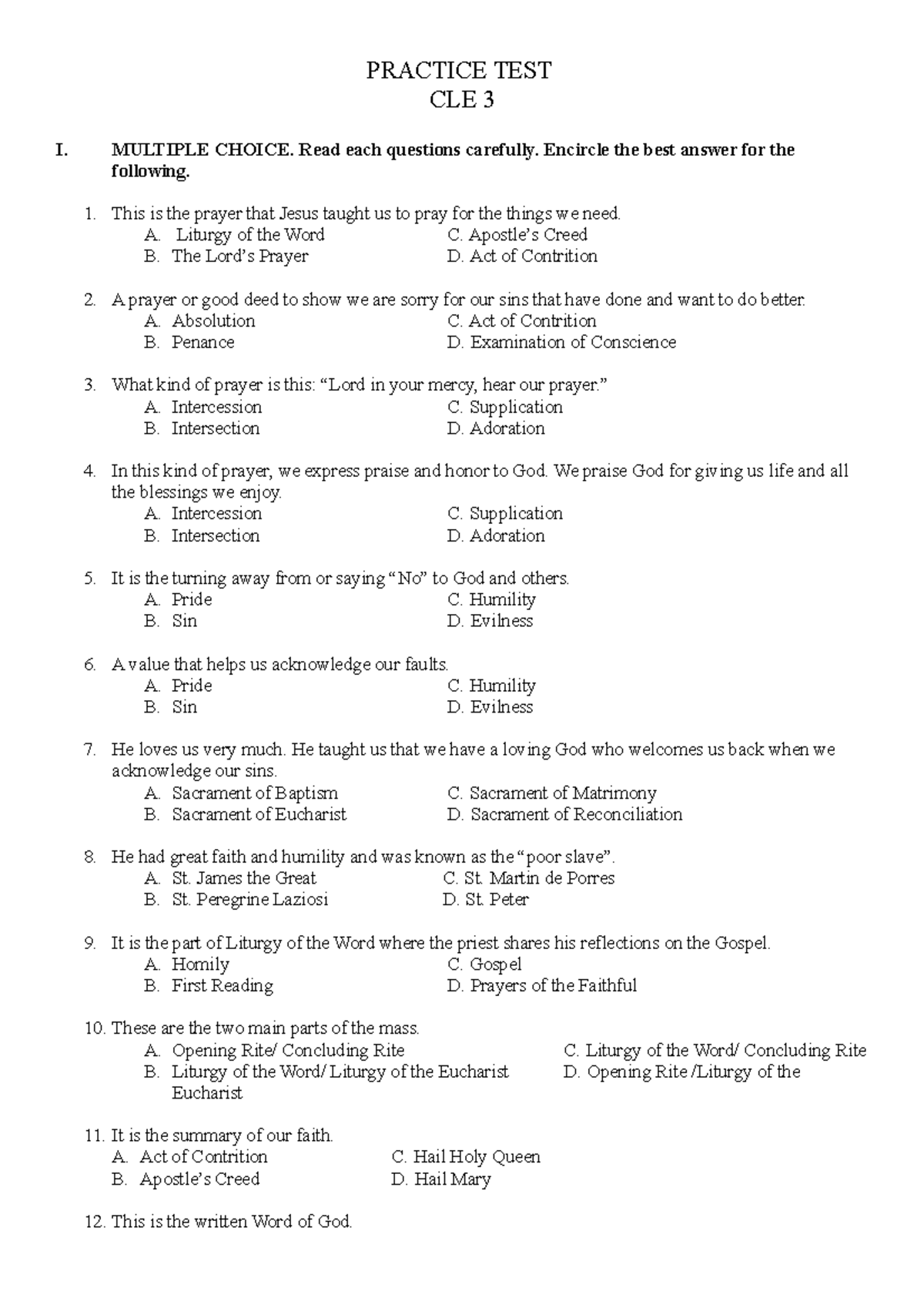 Practice Test for CLE 3: Knowledge on Religion & Sacraments - Studocu