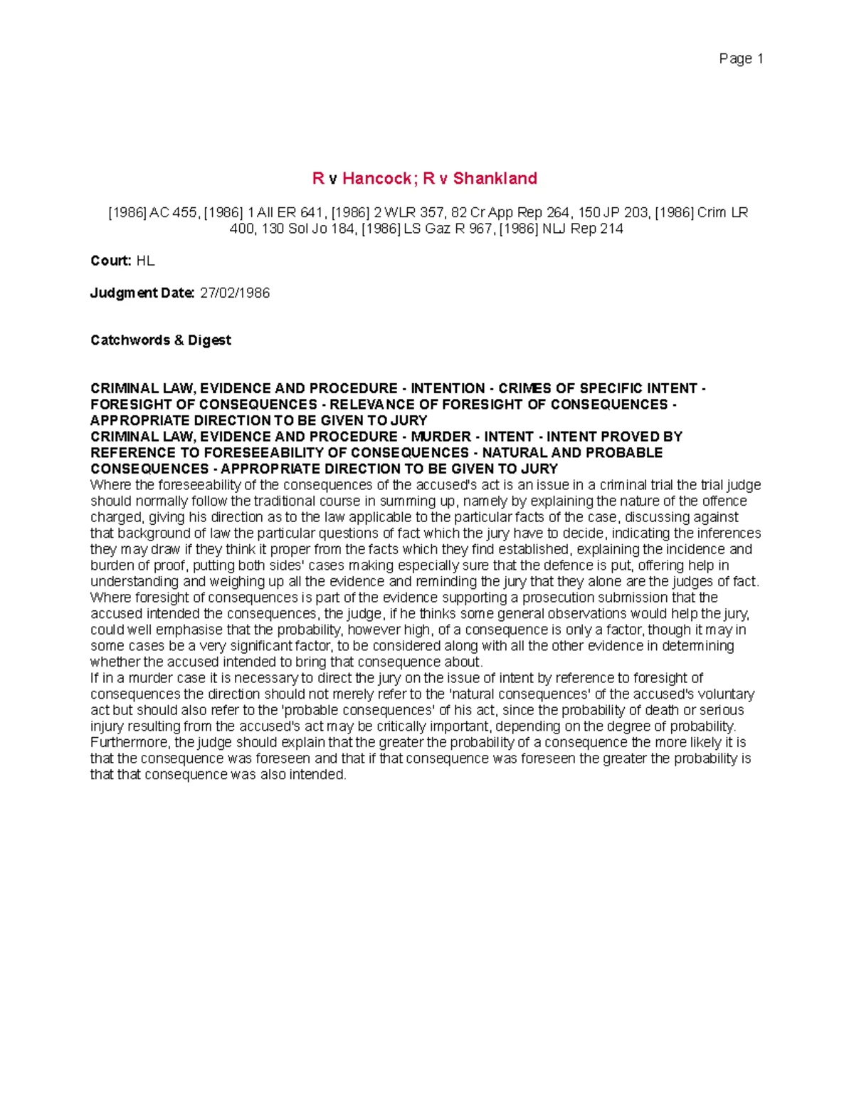 Nedrick - Detailed facts, judgement, and case analysis for the topic of ...