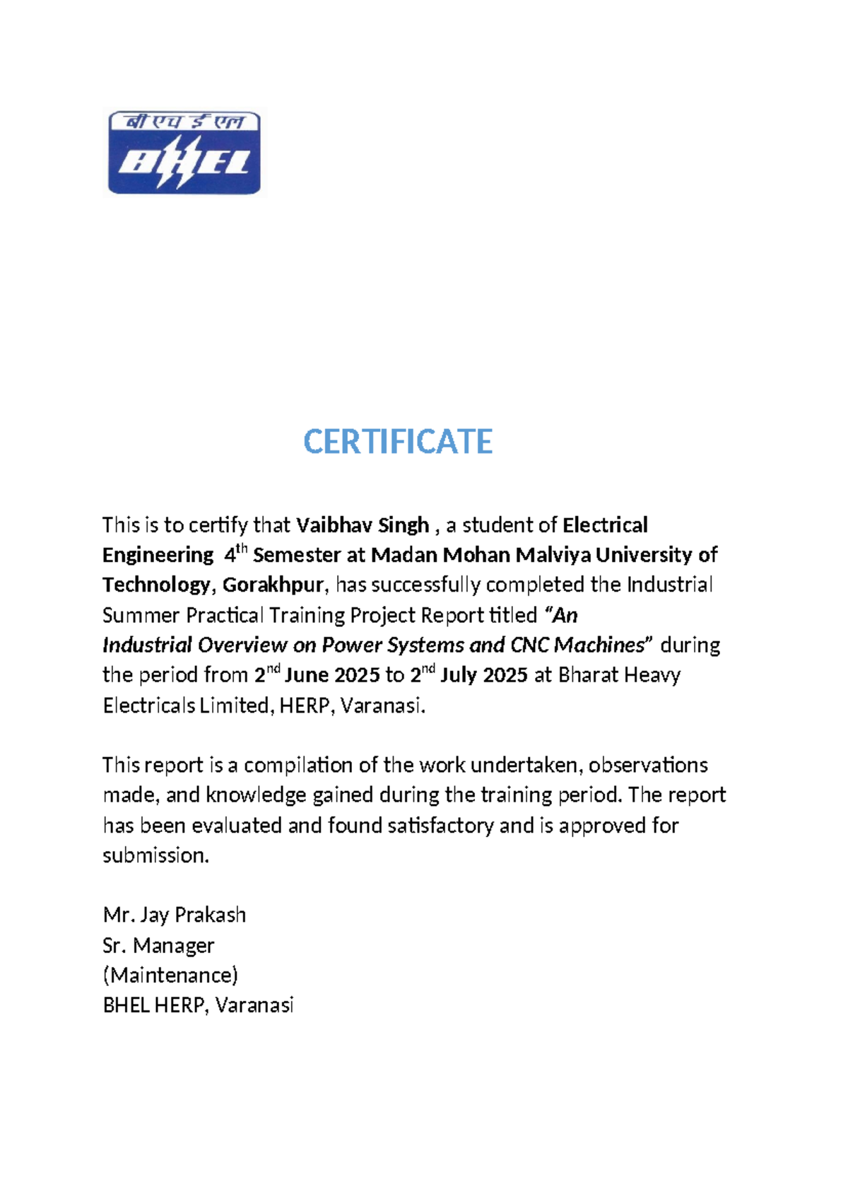 Industrial Training Project Report on Power Systems & CNC - EE 4th Sem ...