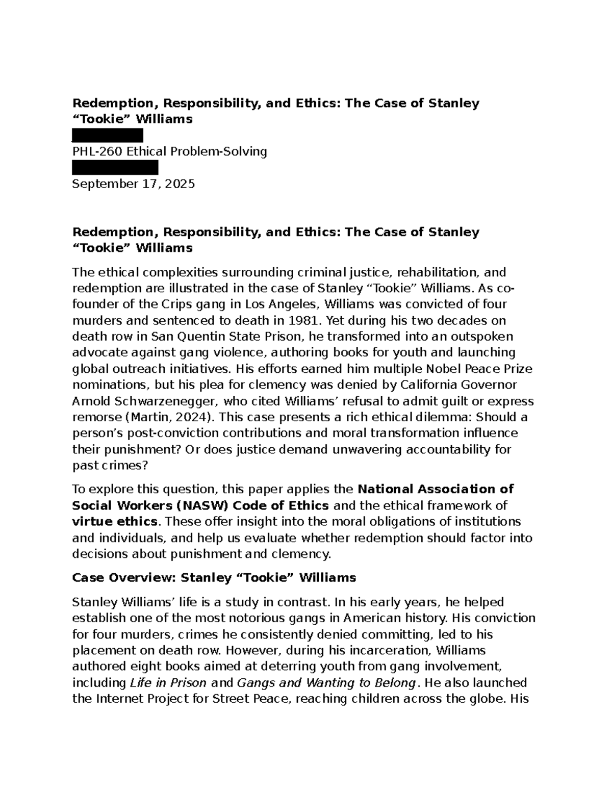 ETHC 101: Redemption and Ethics in the Case of Stanley Williams - Studocu