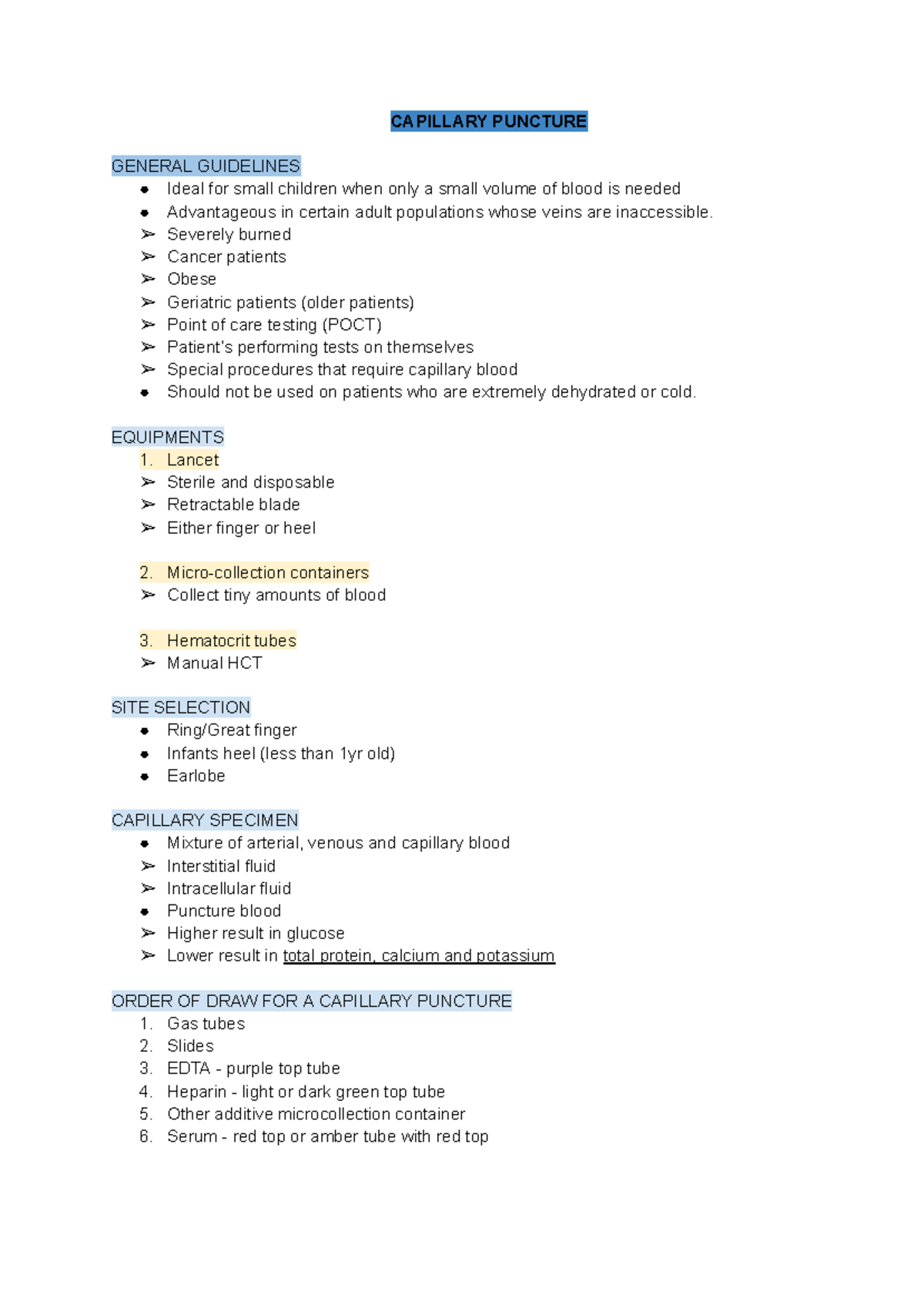 PMLS Lecture: Capillary Puncture Guidelines for Blood Collection - Studocu