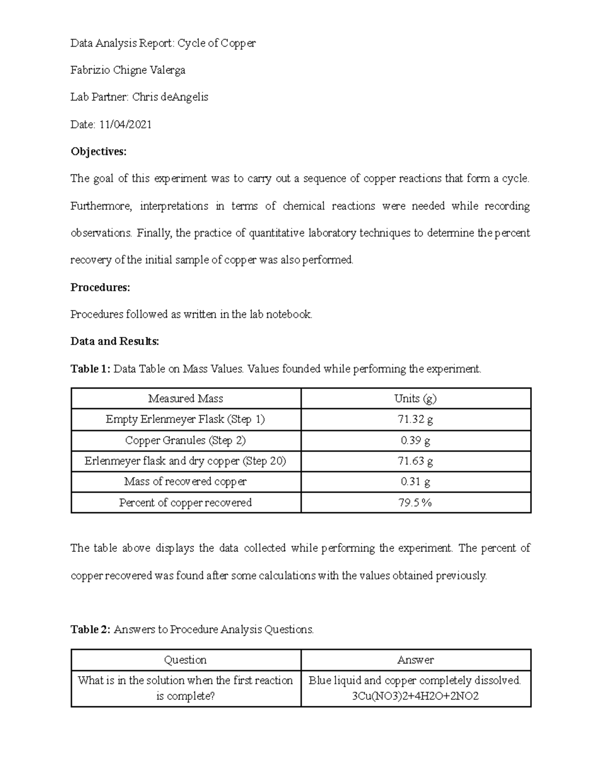 Lab 6 - Copper Reaction Cycle: Data Analysis & Results Report - Studocu