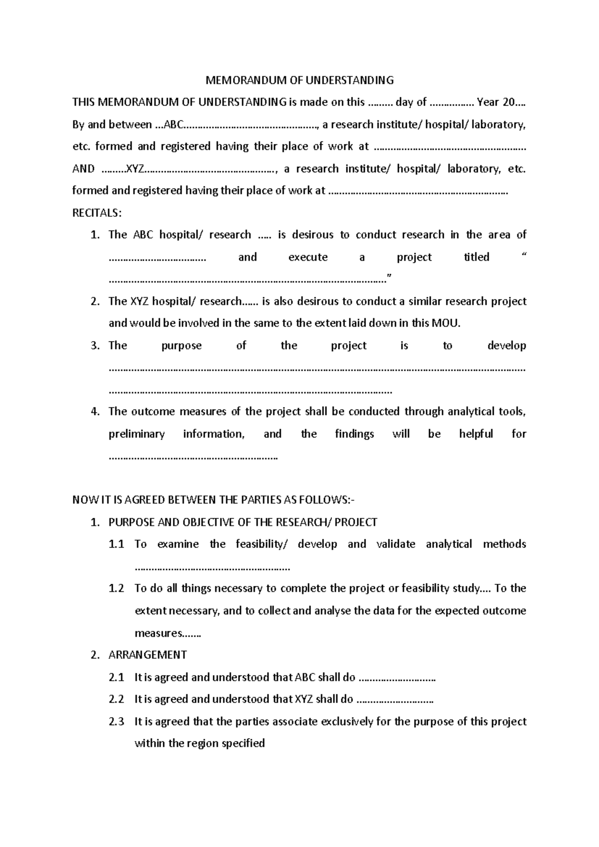 Memorandum of Understanding (MOU) Template for Research Projects - Studocu