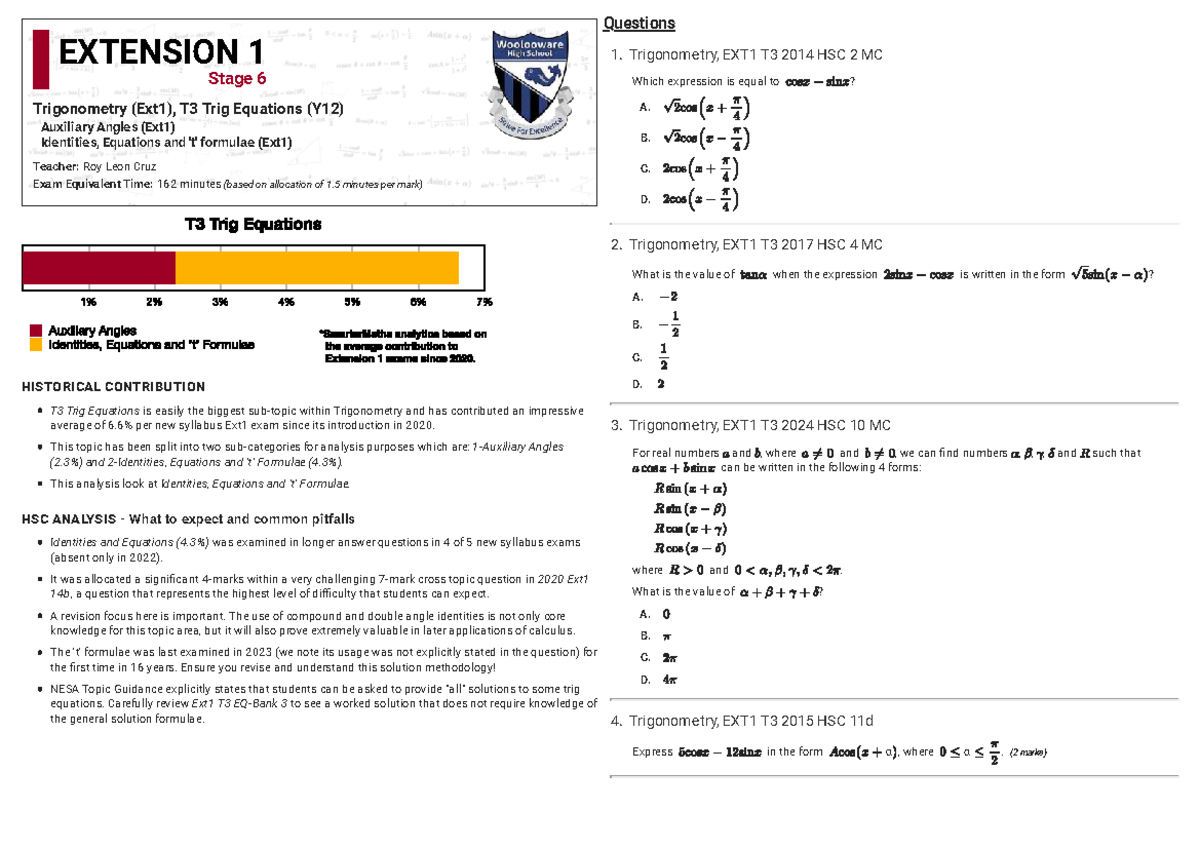 Trigonometry EXT1 T3 Exam Prep: Angles, Identities & Equations Guide - Studocu