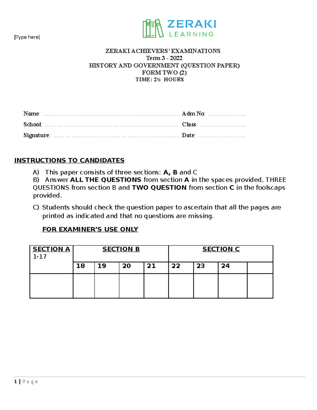 HISTORY & GOVT FORM 2 - ZERAKI ACHIEVERS TERM 3 EXAM 2022 - Studocu