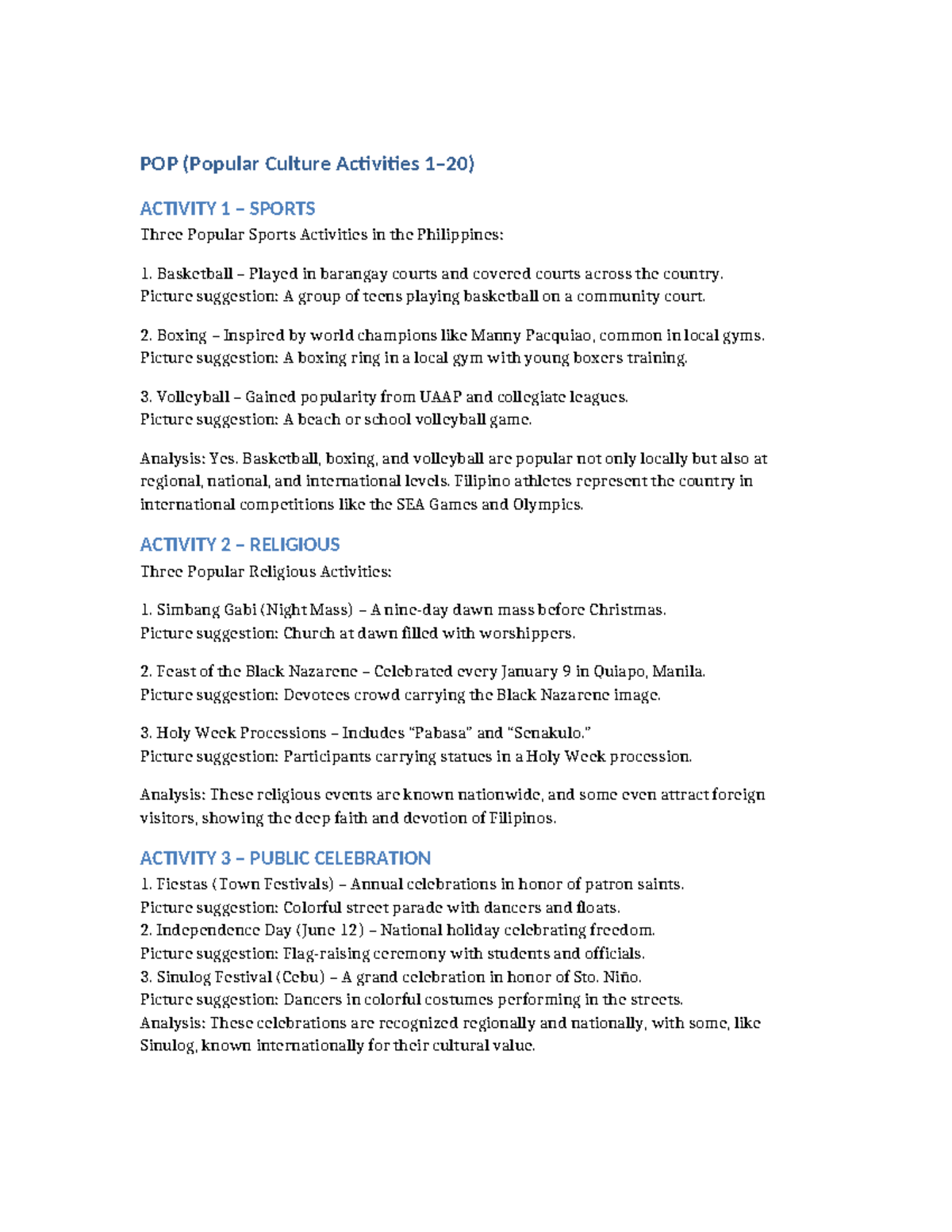POP (Popular Culture) Activities: Sports, Religion, Celebrations ...