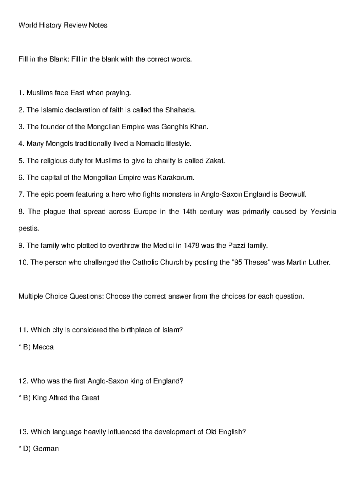 World History Review Notes for Exam XX123: Fill in the Blanks & MCQs ...