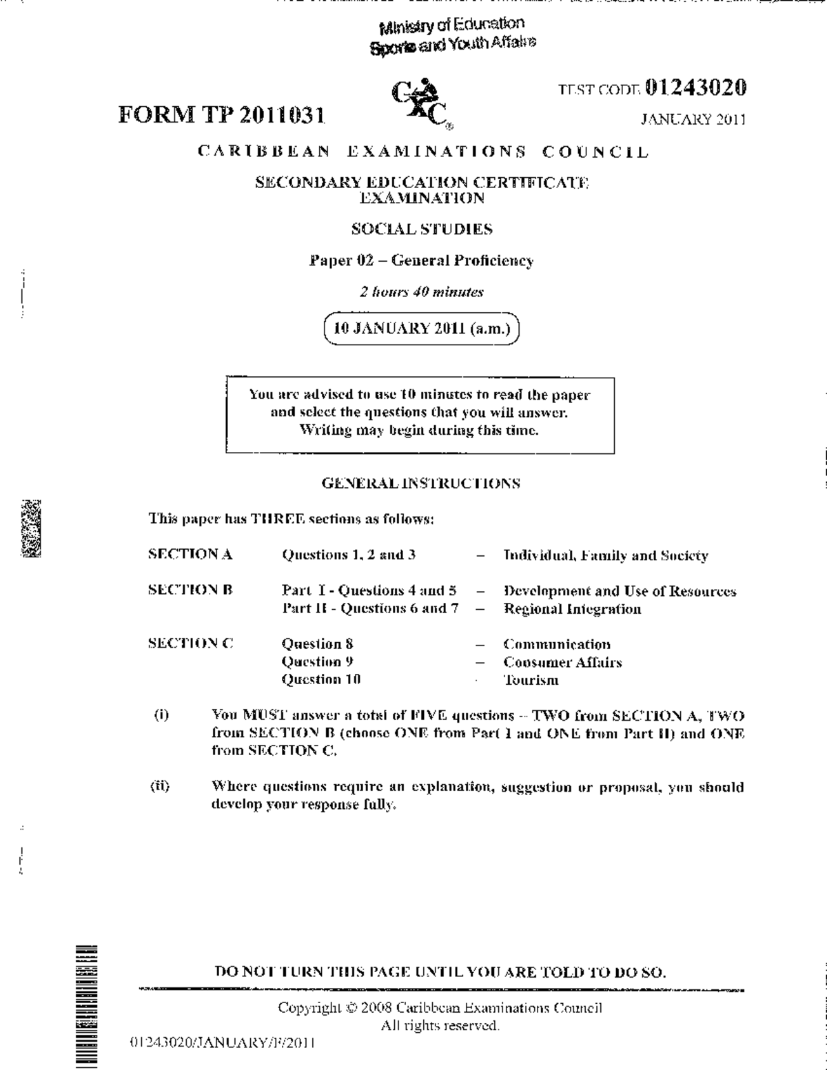 TP 2011031 - January 2011 Social Studies Paper 02 Past Questions - Studocu