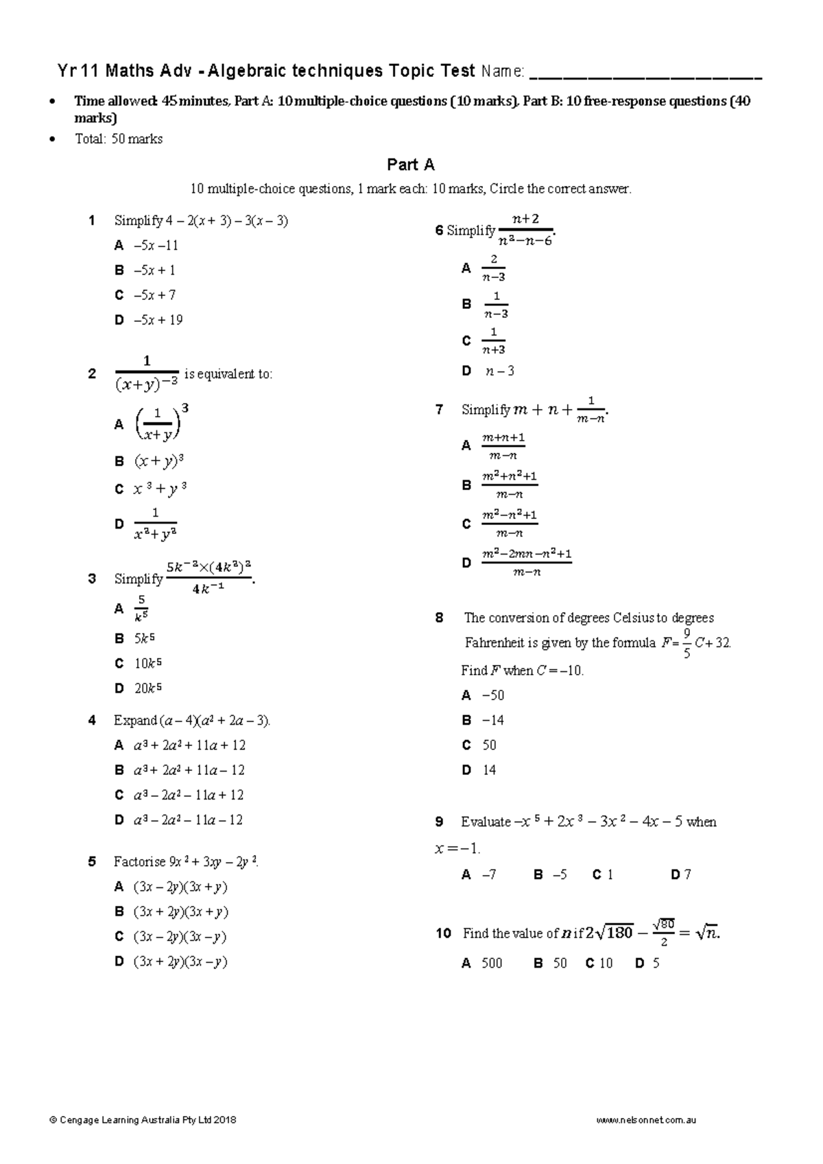 Yr 11 Maths Adv Algebra Techniques Topic Test - 50 Marks - Studocu