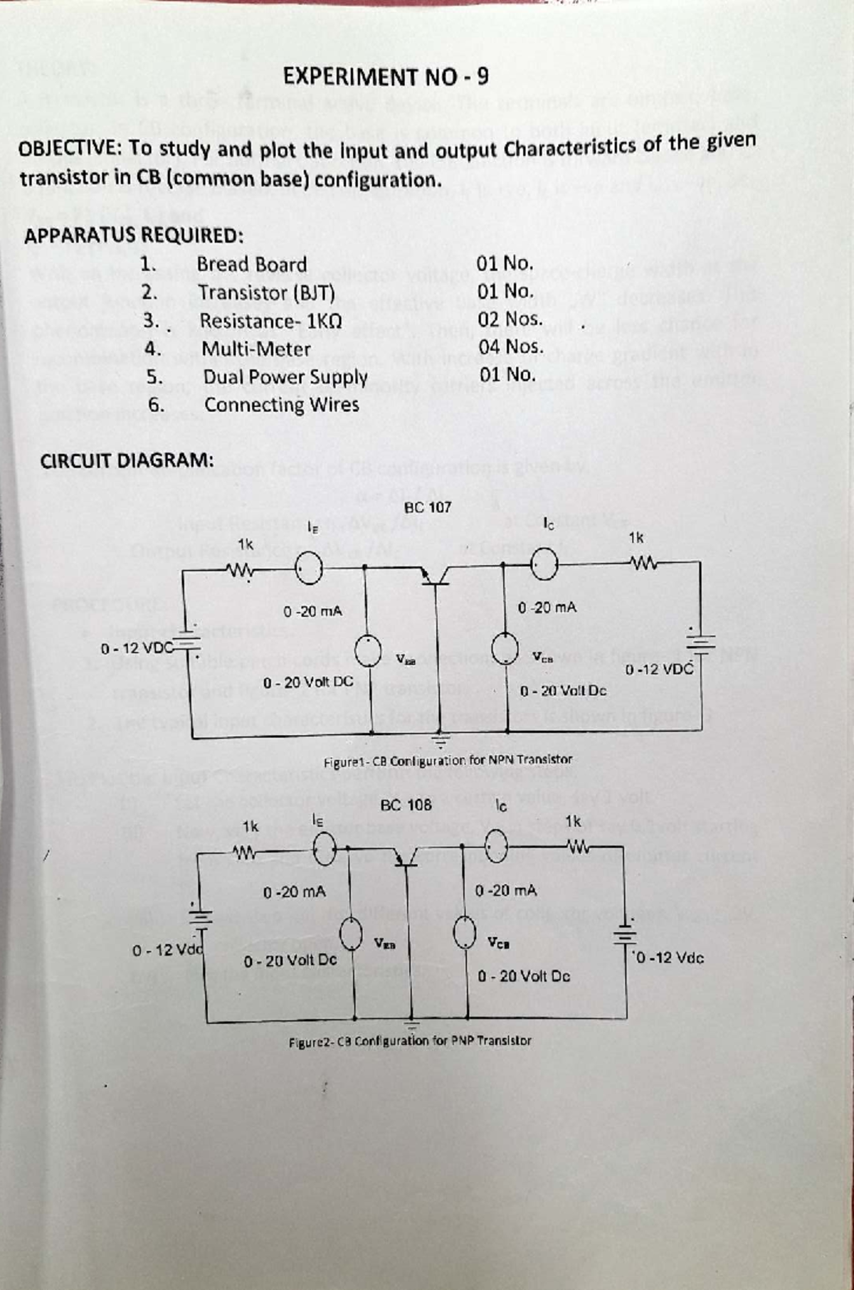 ECE Lab Manual: Experiment 9 - Transistor Characteristics in CB Configuration - Studocu