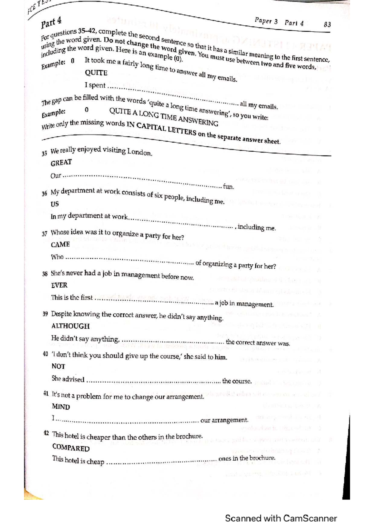 KEY WORD TRANSFORMATION FCE TEST Part 4 Paper 3 - Studocu
