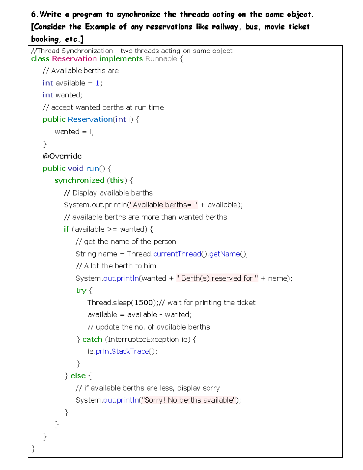 Java Program 6: Thread Synchronization for Reservations - Studocu