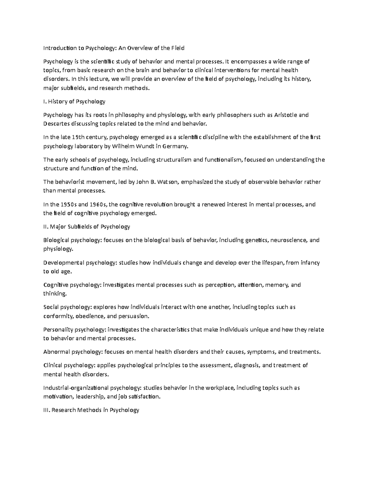 Intro to Pysch - Introduction to Psychology: An Overview of the Field ...