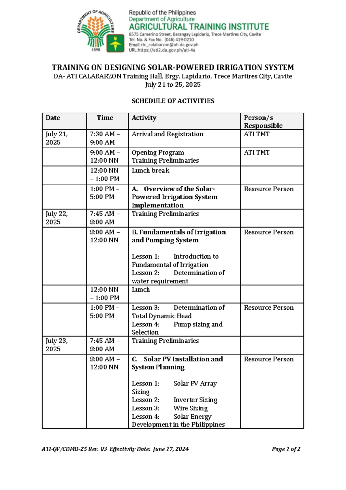 ATI CALABARZON Training: Irrigation System Design Program - Studocu