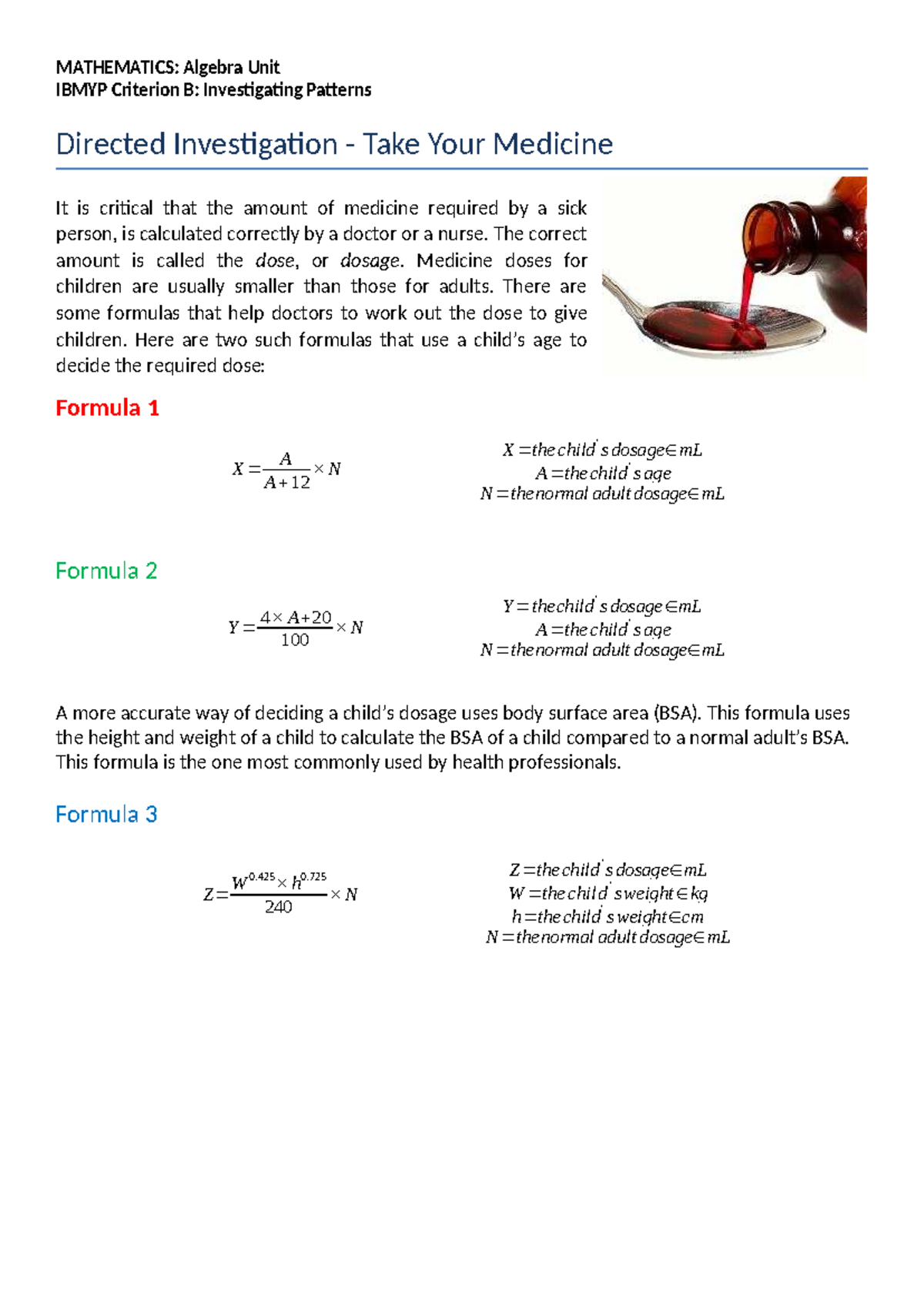 MATHEMATICS: Algebra Unit IBMYP Criterion B - Dosage Calculation ...