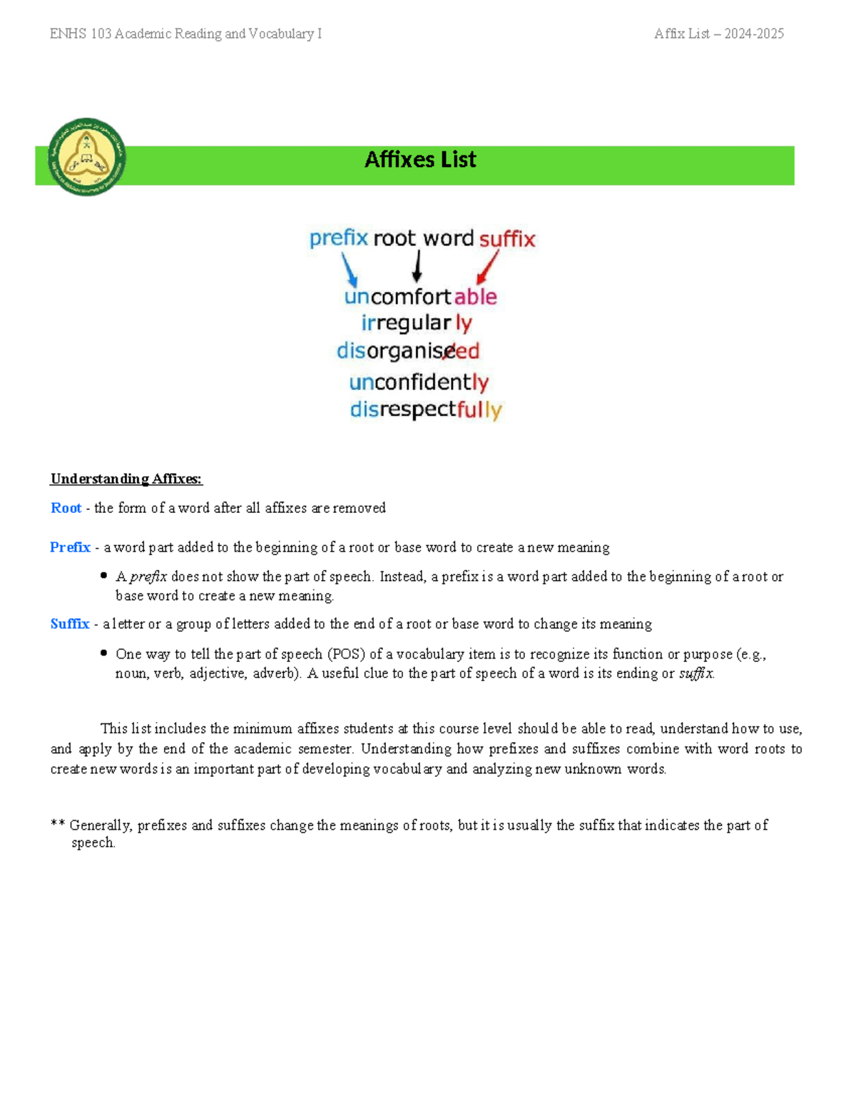 ENHS 103 Essential Affix List for Vocabulary Development - Studocu
