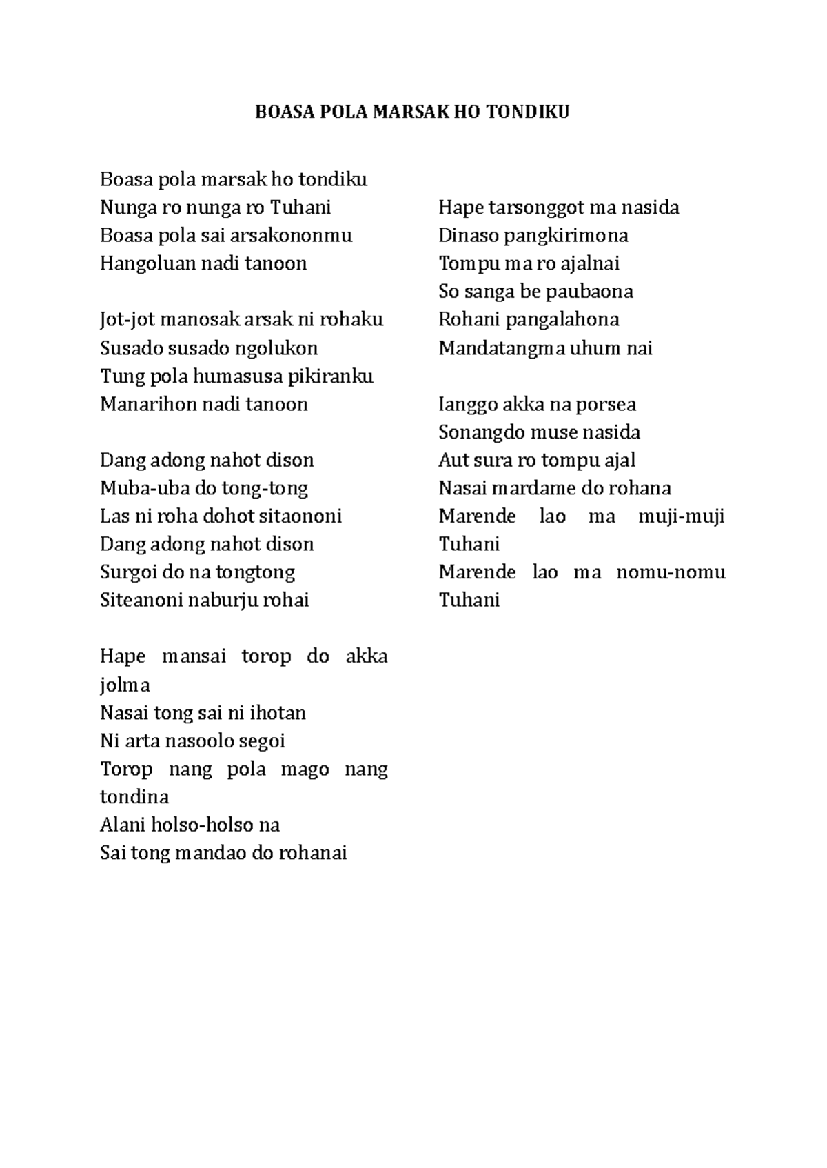 Lirik Lagu: Boasa Pola Marsak Ho Tondiku Analysis - Studocu