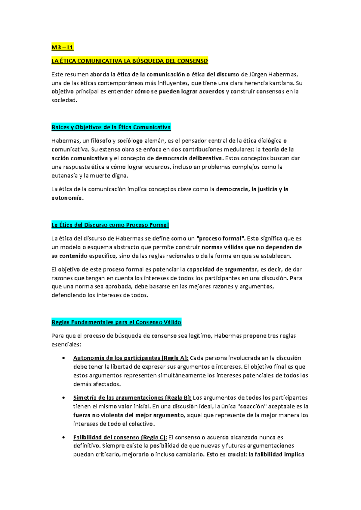 M3 L1 RESUMEN DE LA ÉTICA COMUNICATIVA Y CONSENSO - Studocu