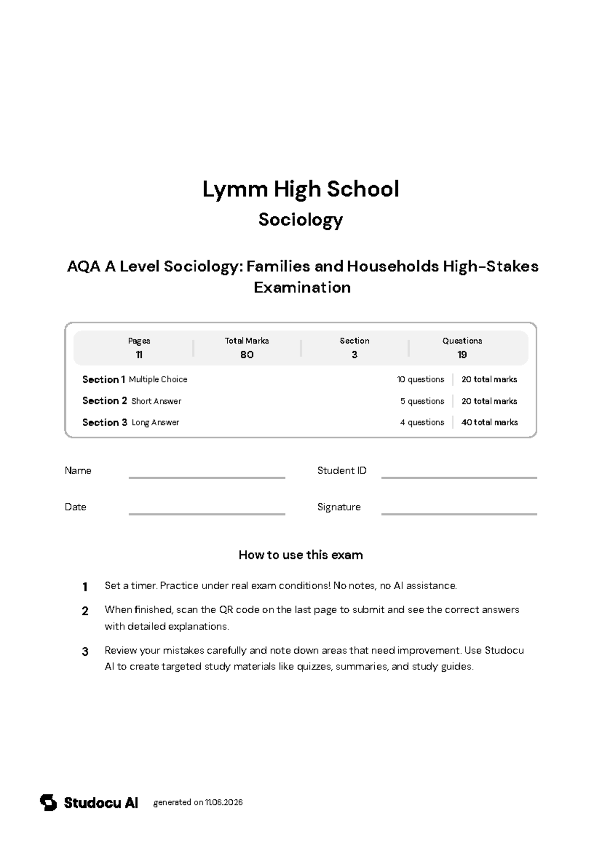 AQA A Level Sociology: Families and Households Exam - Studocu